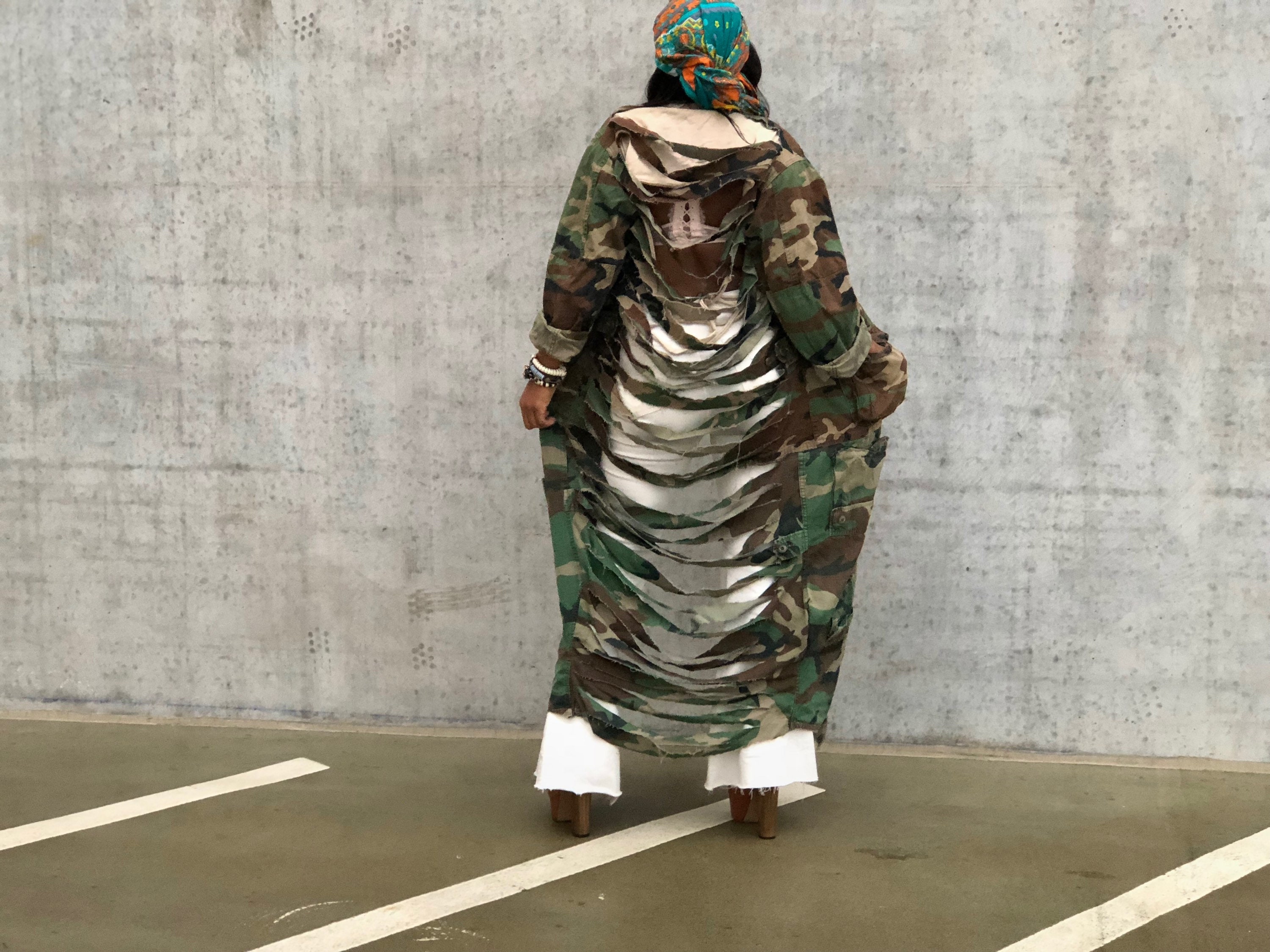 Adult Distressed Trench Length Camo Shredded Camouflage Camo Woodland ...
