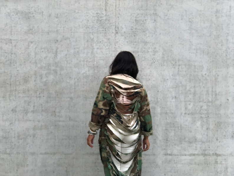 Adult Distressed Trench Length Camo Shredded Camouflage Camo Woodland ...