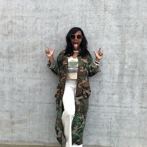 Adult Distressed Trench Length Camo Shredded Camouflage Camo Woodland ...