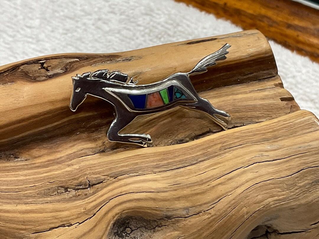 Navajo Signed "calvin Begay" & "sterling" Inlaid Horse Combo Brooch ...