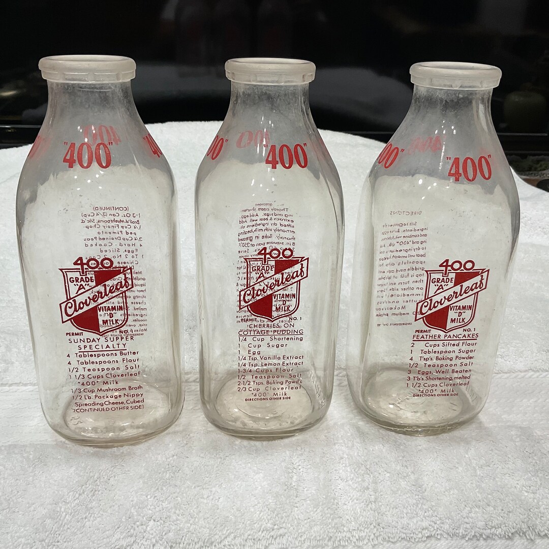 1950's Lot of 3 CLOVERLEAF 400 Grade A Vitamin D Milk One Quart Bottles ...