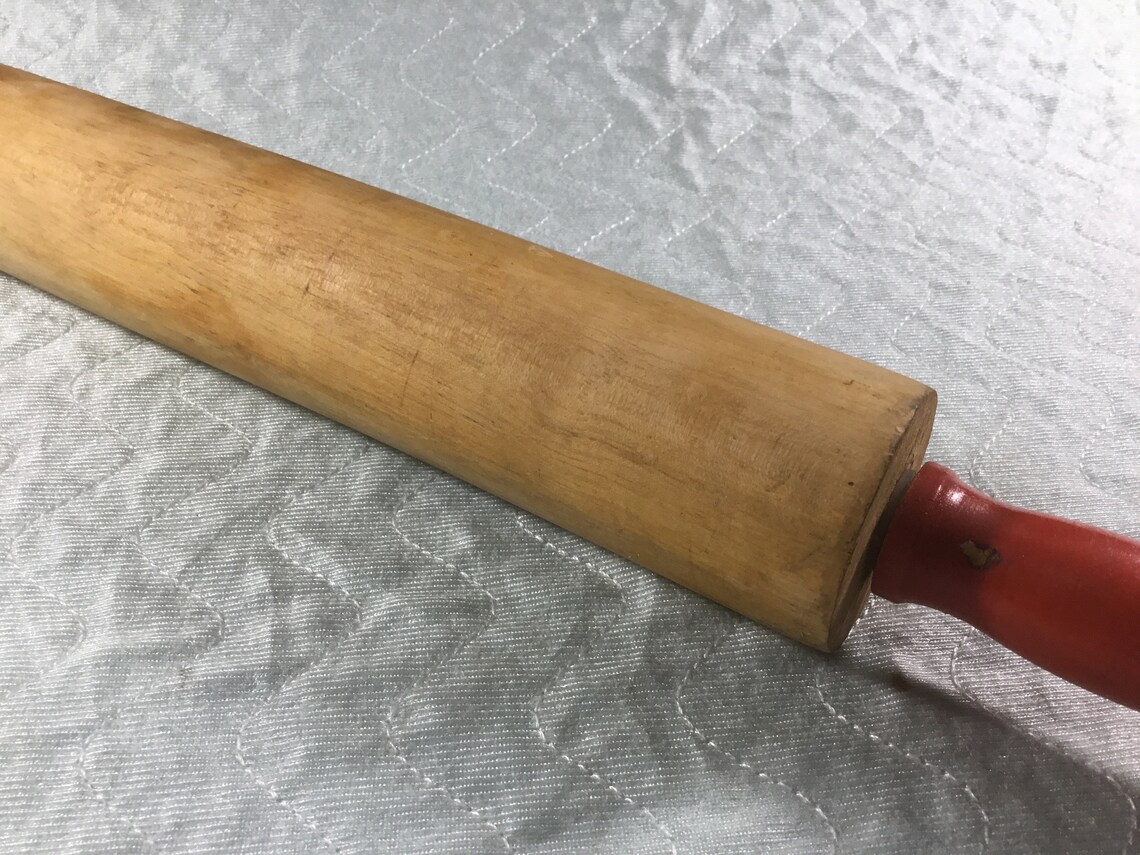 1940's - 1950's Era Wooden Rolling Pin With Red Painted Handles ...