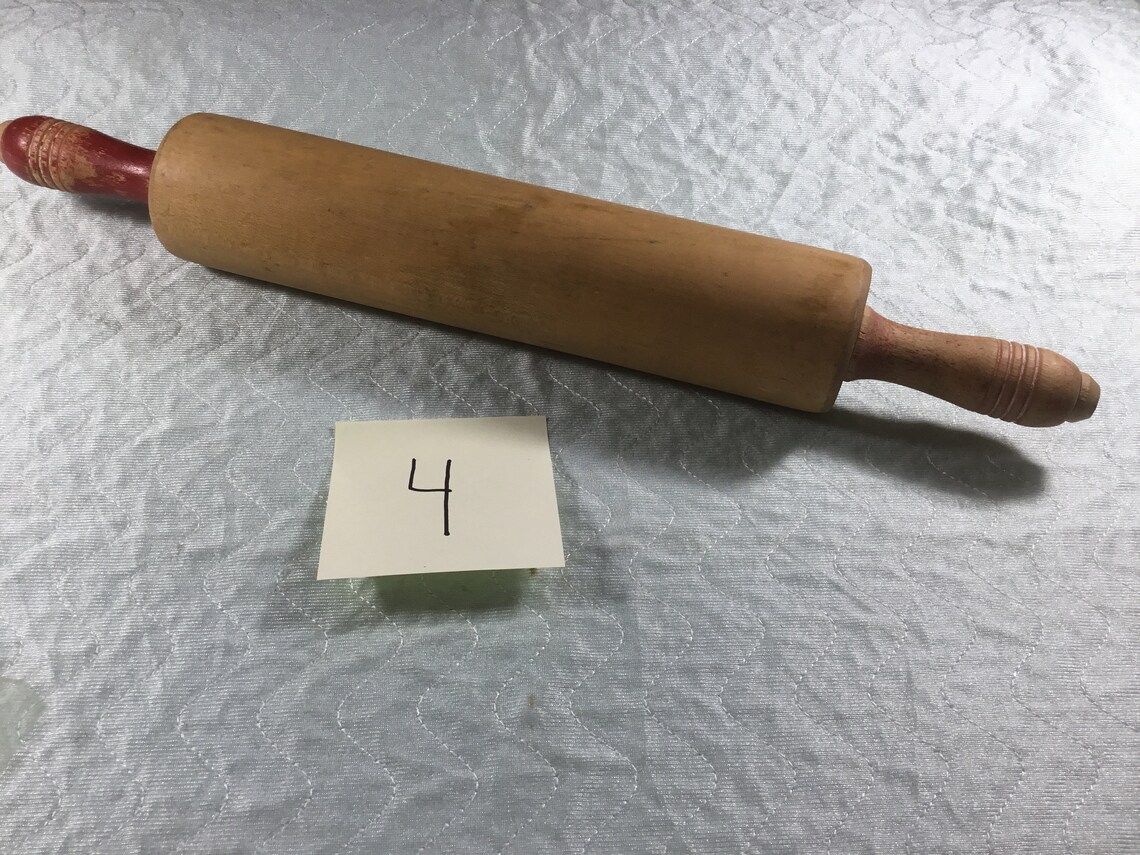 1940's - 1950's Era Wooden Rolling Pin With Red Painted Handles ...