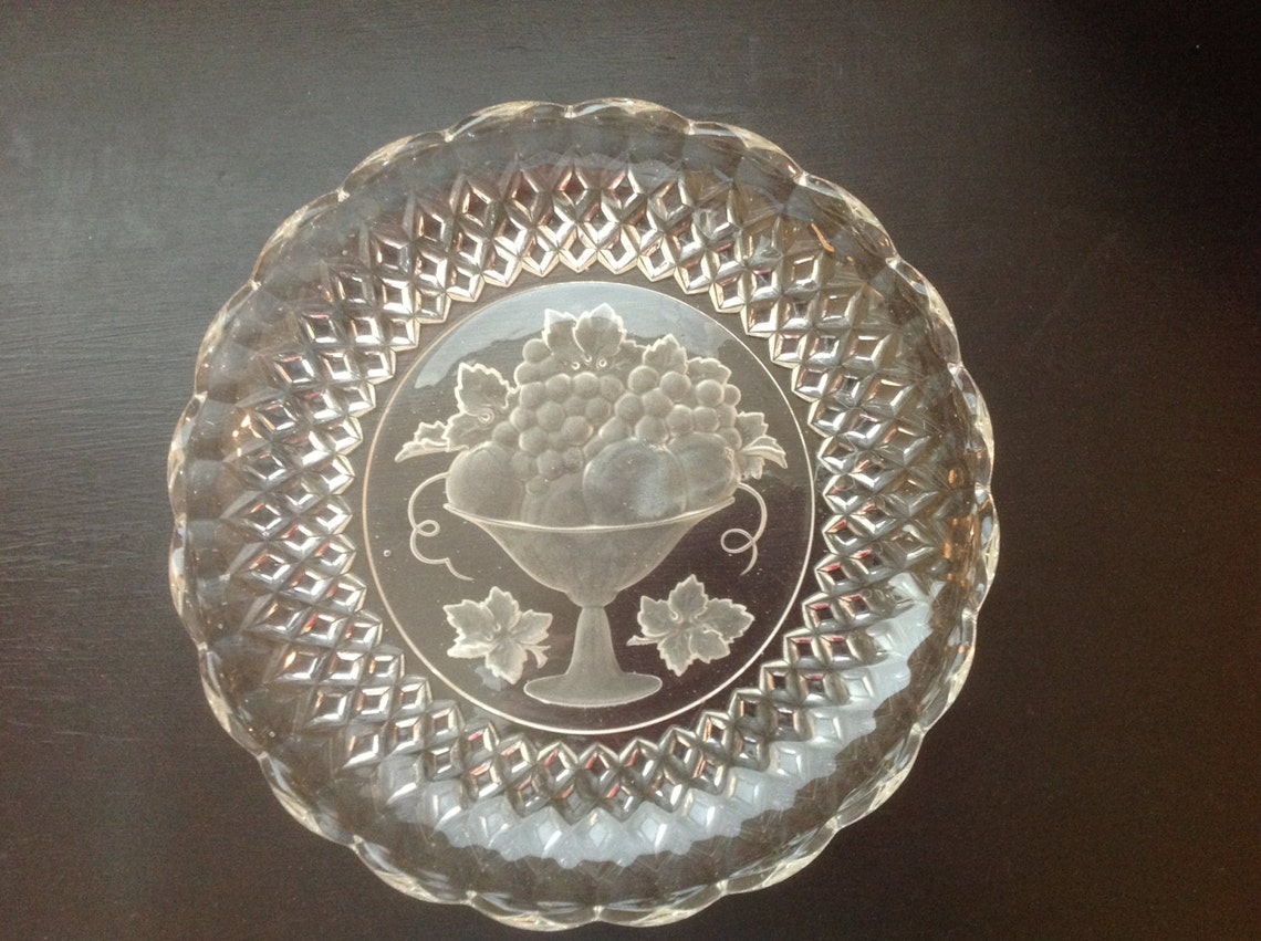 Vintage Cut/Frosted Glass Platter Frosted Fruit In Center | Etsy