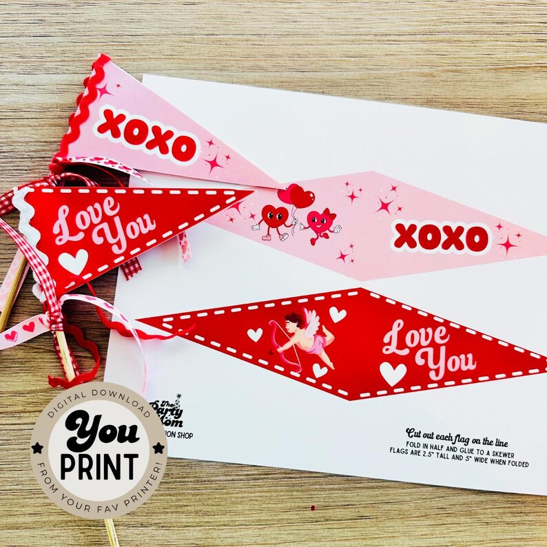 Valentine Pennant Flags, Printable DIY Gift Toppers for Bouquets and ...
