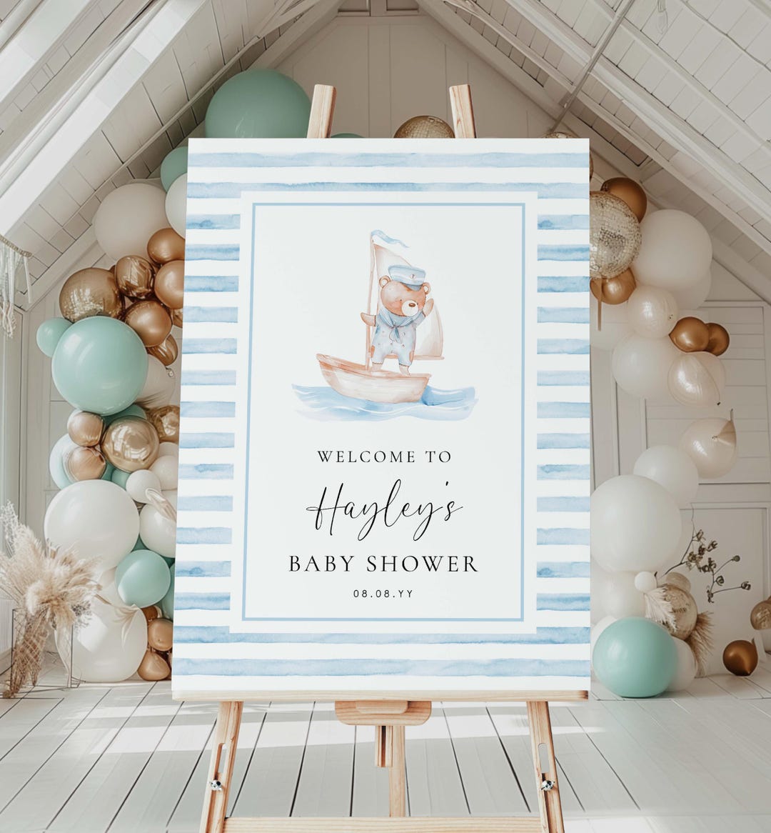Printable Teddy Bear Welcome Sign Template, Sailor Bear, Blue Stripe ...