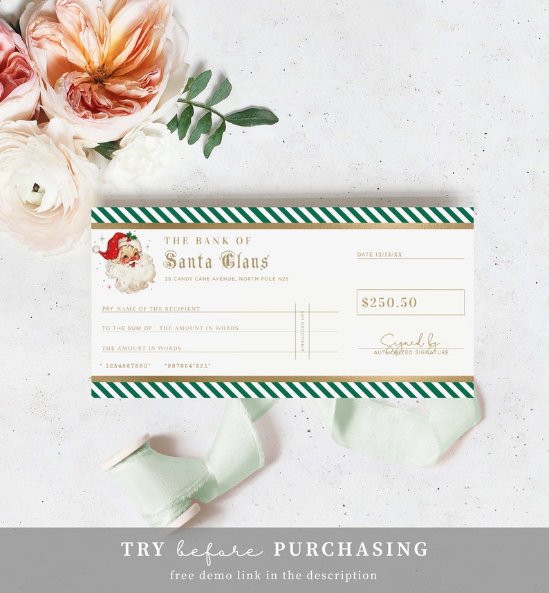 Santa Bank Christmas Cheque, Fake Bank Cheque Gift Voucher, Custom ...