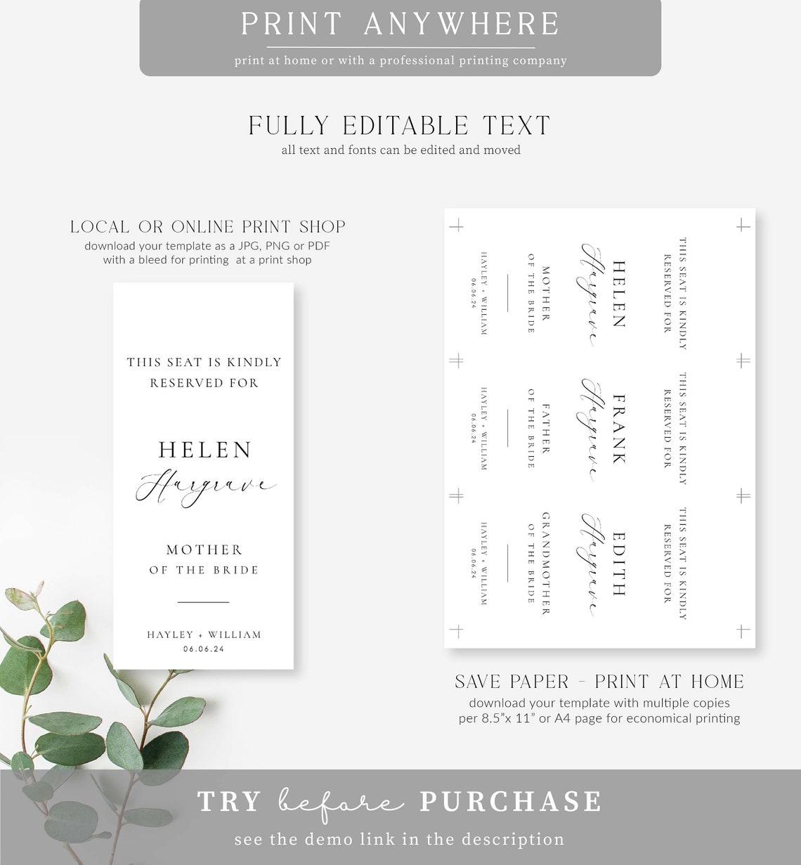 Printable Reserved Seat Tag, Wedding Reserved for Seating Tag ...