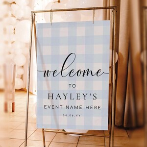 Blue Gingham Welcome Sign, Boy Baby Shower Pale Blue Check Welcome Sign ...