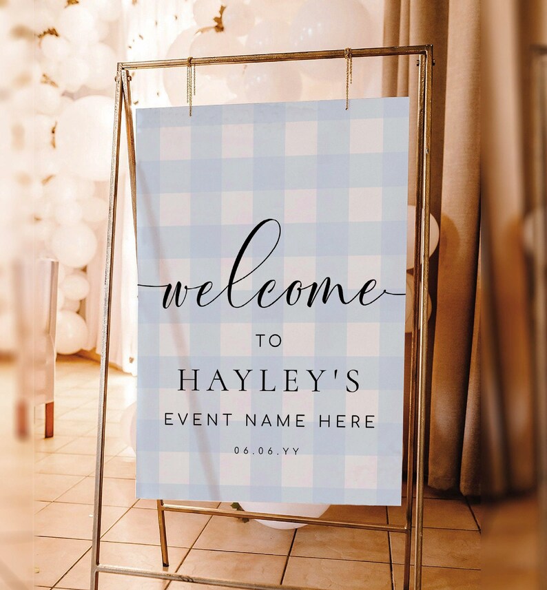 Blue Gingham Welcome Sign, Boy Baby Shower Pale Blue Check Welcome Sign ...