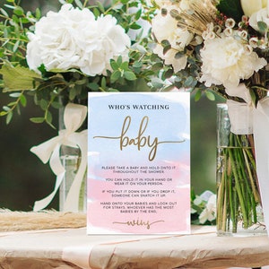 Printable Who's Watching Baby Sign Template, Pink Blue Watercolour Gold ...
