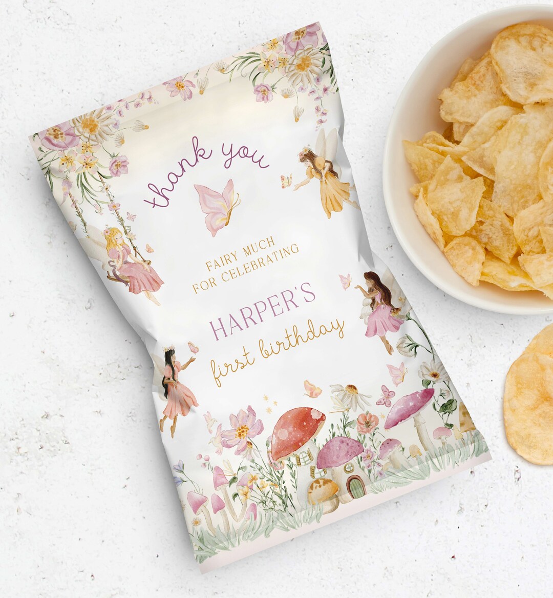 Printable Fairy First Birthday Chip Packet Wrap, Fairy Princess Favor ...