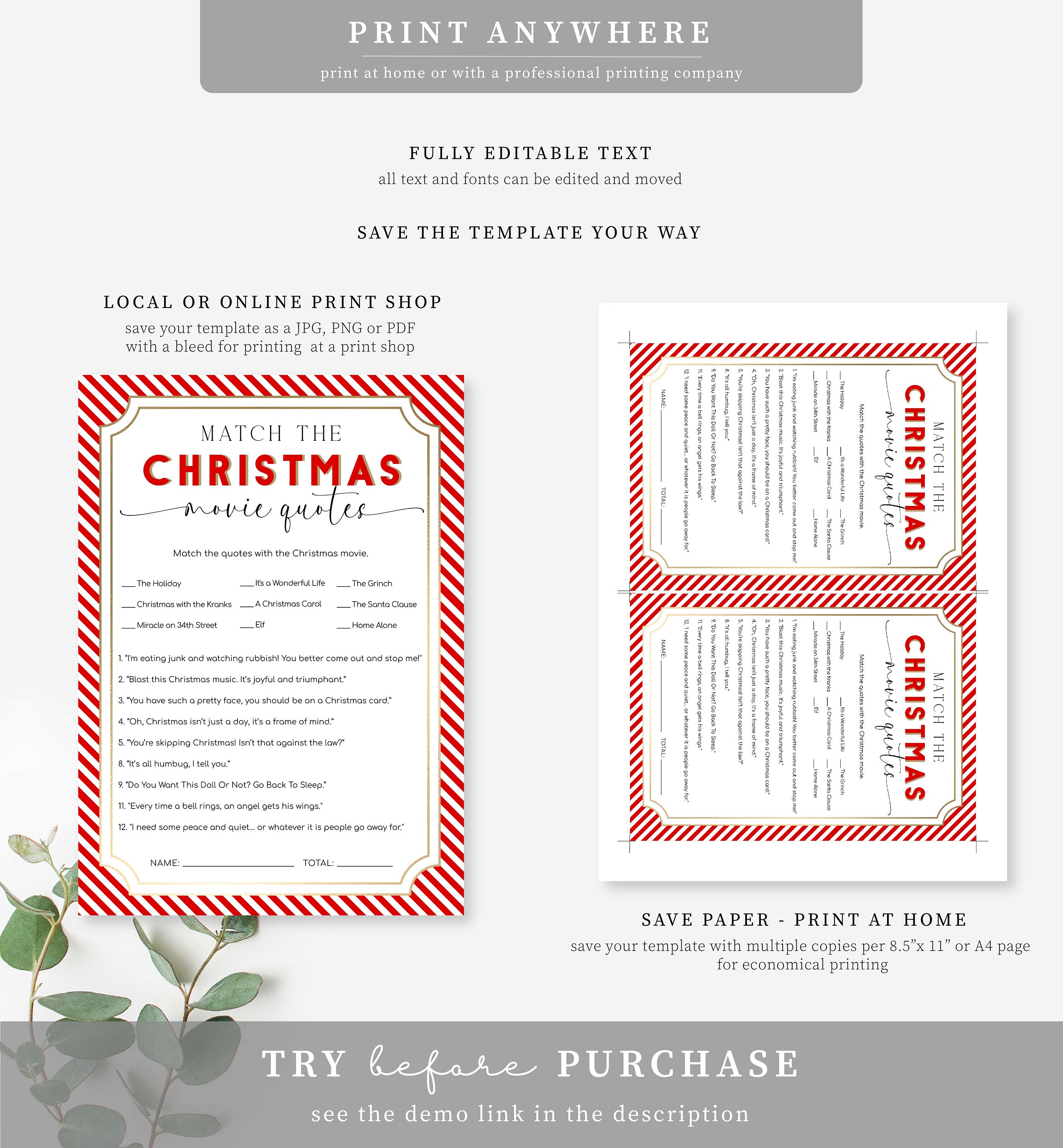 Christmas Movie Quote Game: Printable Holiday Trivia (5x7 & A5 ...