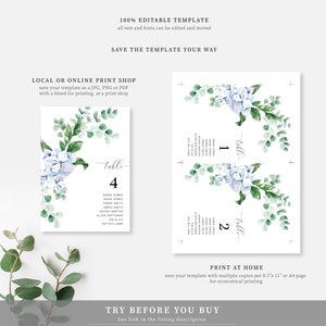 Printable Table Numbers Guest Names Blue Hydrangea Wedding - Etsy