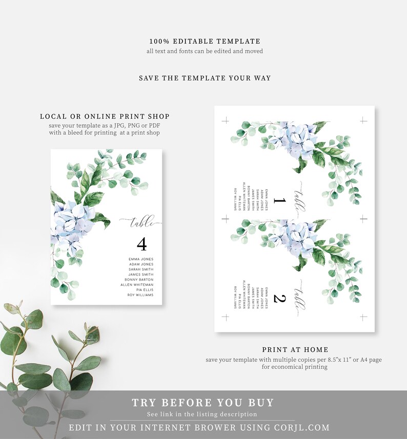 Printable Table Numbers Guest Names Blue Hydrangea Wedding - Etsy