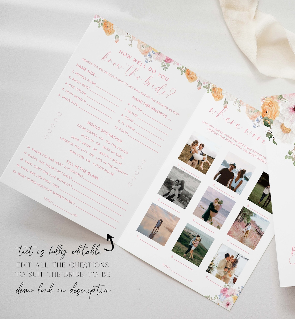 Floral Bridal Shower Menu and Games Booklet, Photo Game (digital ...