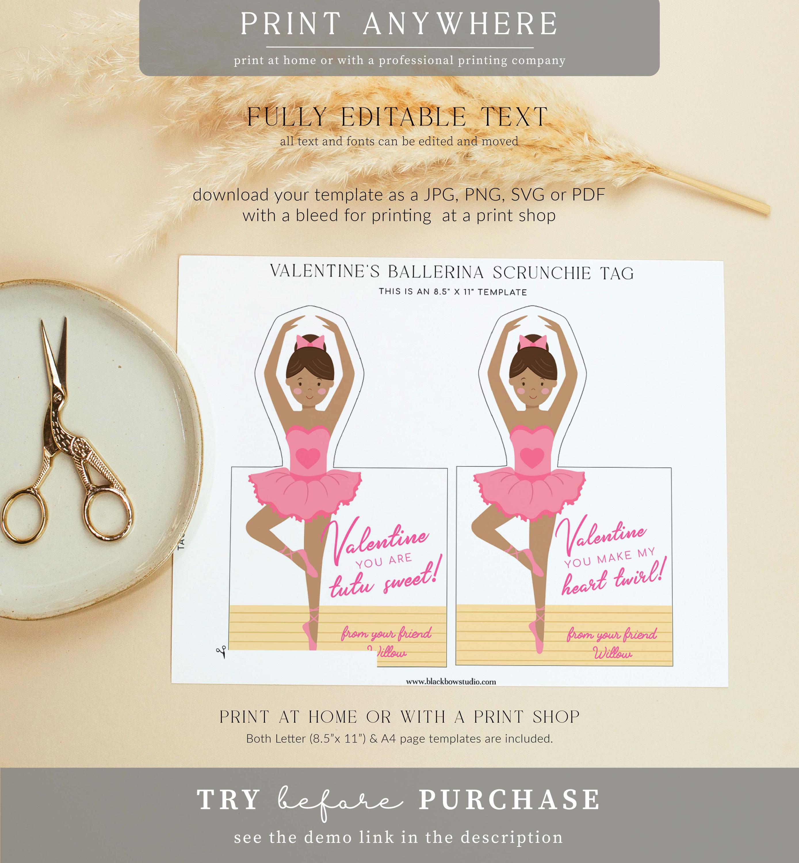 Printable Valentine's Day Scrunchie Tag Template, Ballerina Valentine's ...