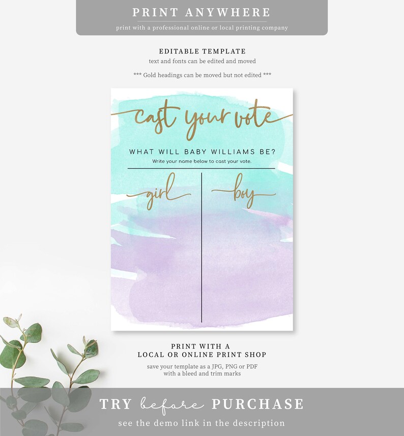 Cast Your Vote Gender Reveal Poster Template, Purple and Teal ...