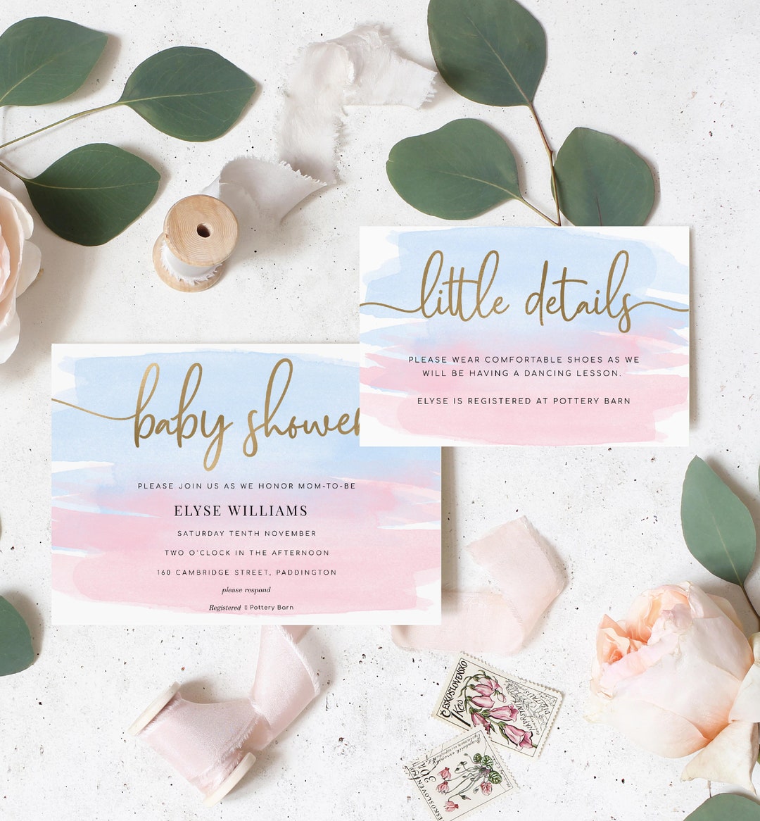 Baby Shower Invitation and Details Card, Gold, Pink and Blue ...