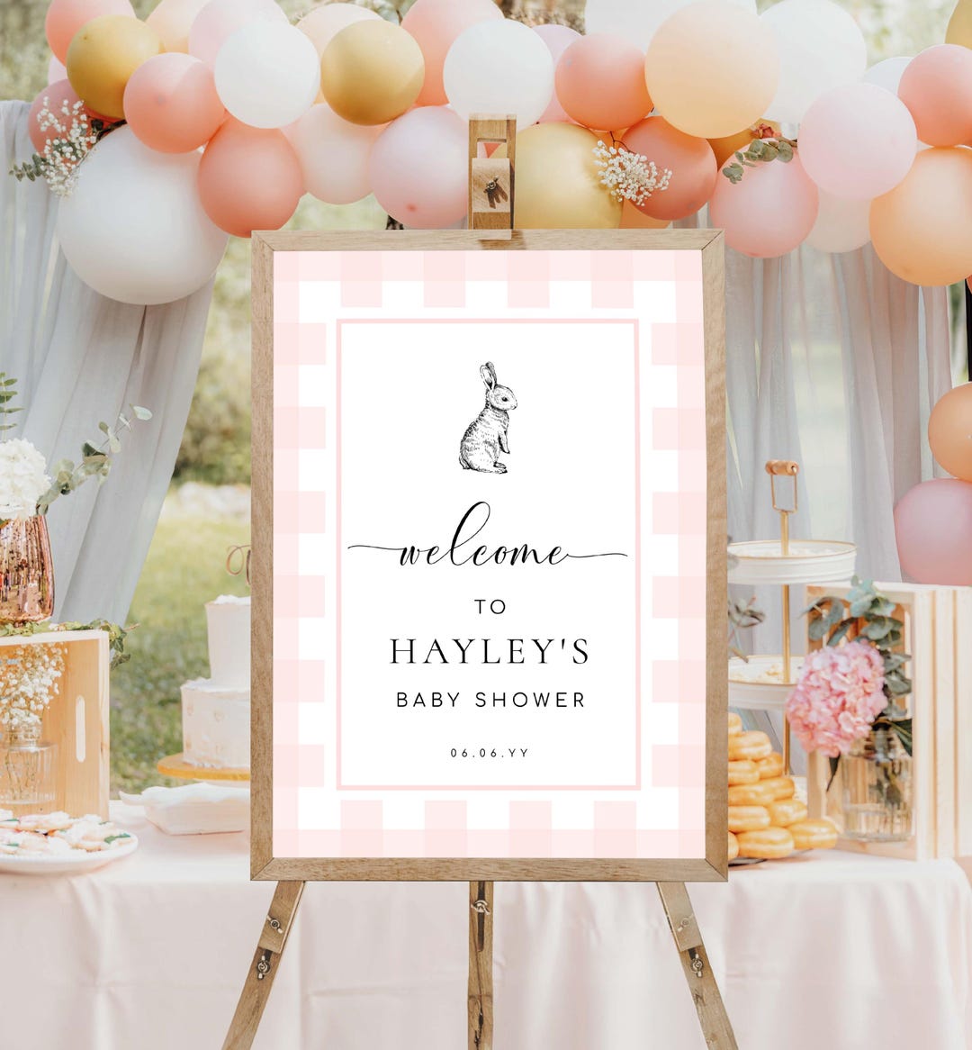 Printable Welcome Sign, Pink Gingham Check, Bunny Rabbit, Girl Baby ...