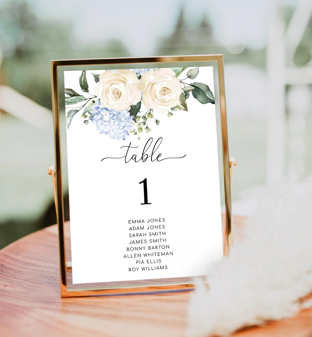 Printable Table Numbers With Guest Names, White Rose Floral Wedding ...