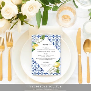 Mediterranean Blue Tile Editable Menu Template - Lemons - Printable ...