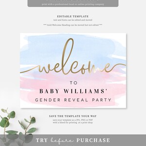 Printable Welcome Sign Pink Blue Watercolour Gender Reveal Party ...