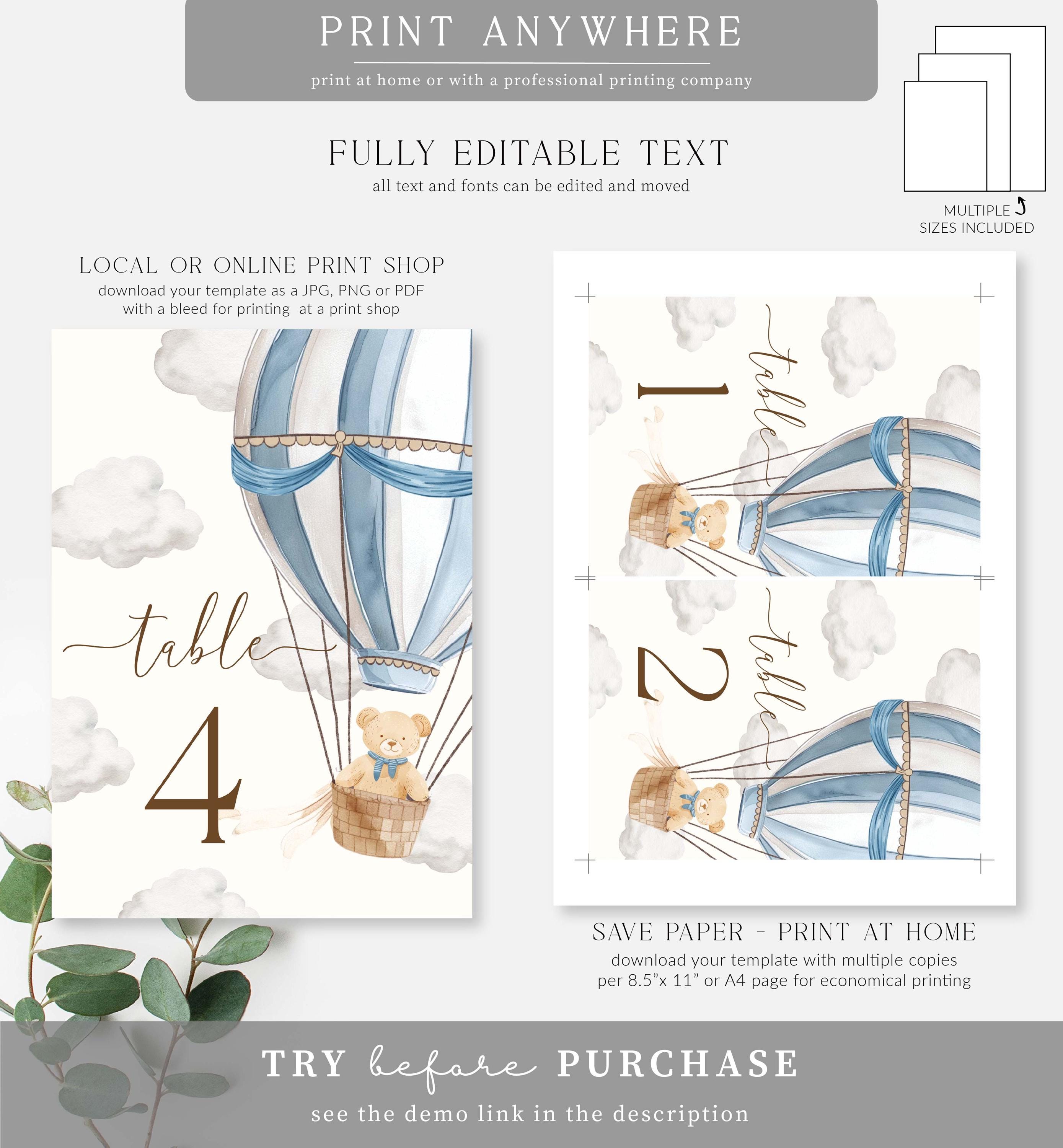 Teddy Bear Baby Shower Table Numbers, Blue Hot Air Balloon (printable ...