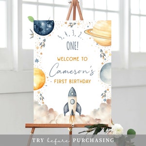 Rocket Ship Outer Space Birthday Welcome Sign, Printable First Trip ...