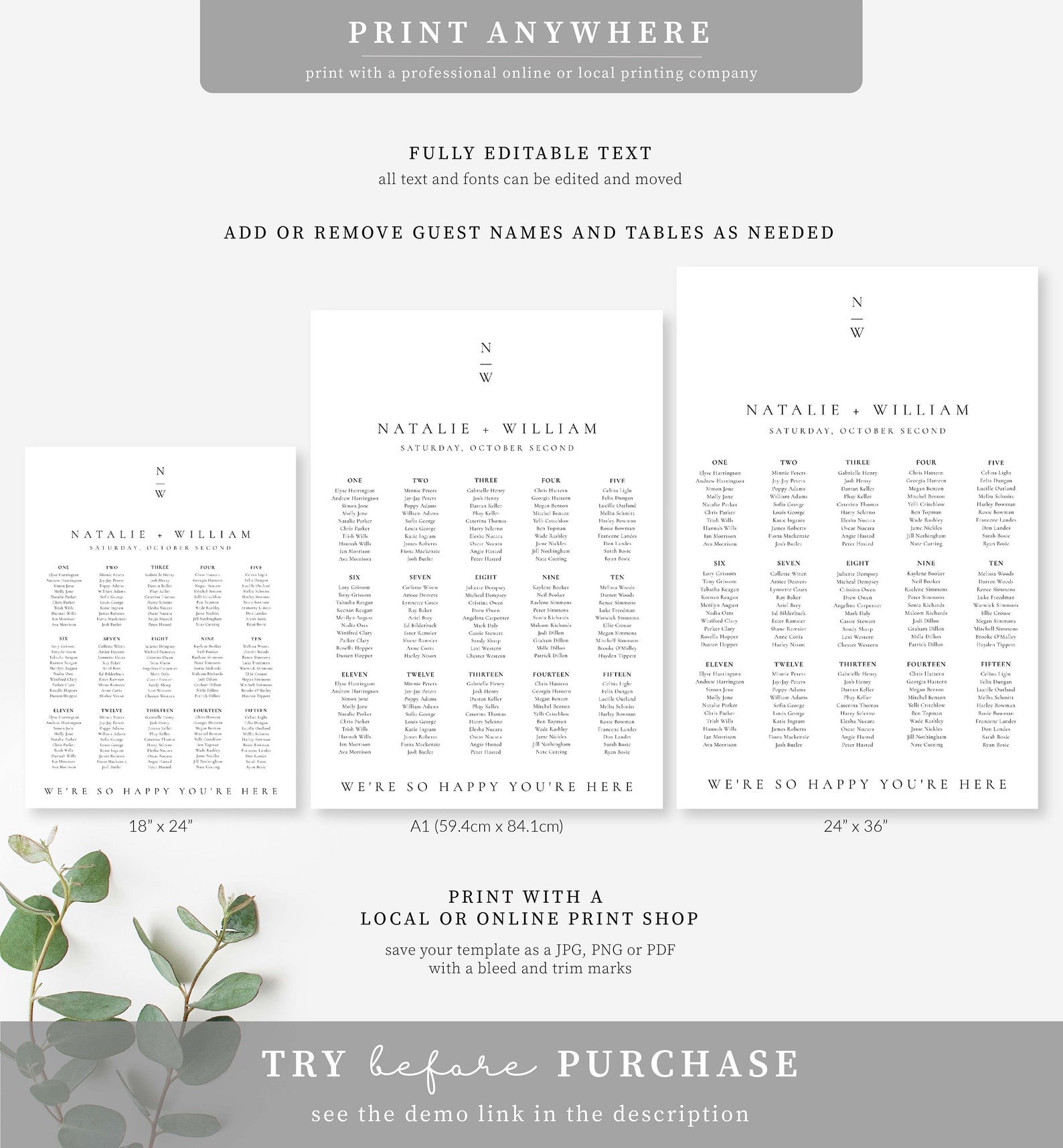 Printable Wedding Seating Chart Template, Elegant Wedding Seating Plan ...