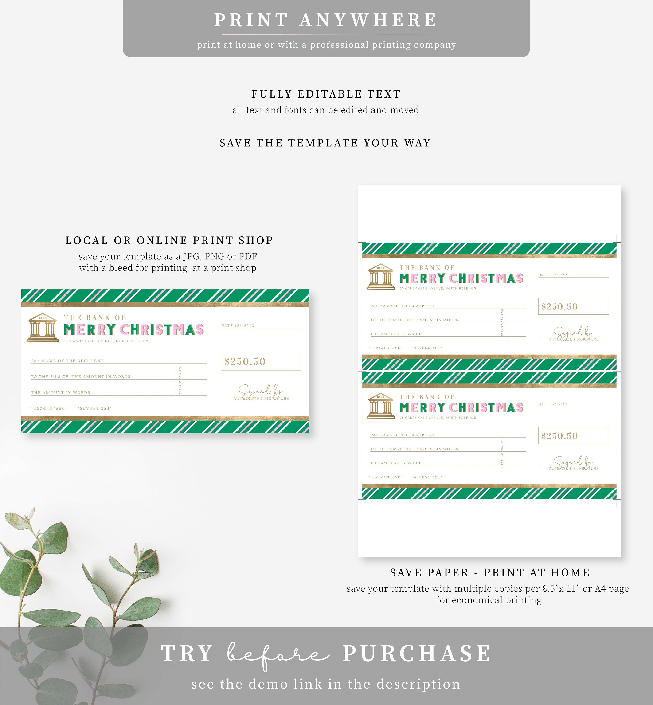 Christmas Cheque Template, Fake Bank Cheque Gift Voucher, Custom ...