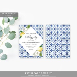 Birthday Party Mediterranean Blue Tile Invitation , Capri Lemons ...