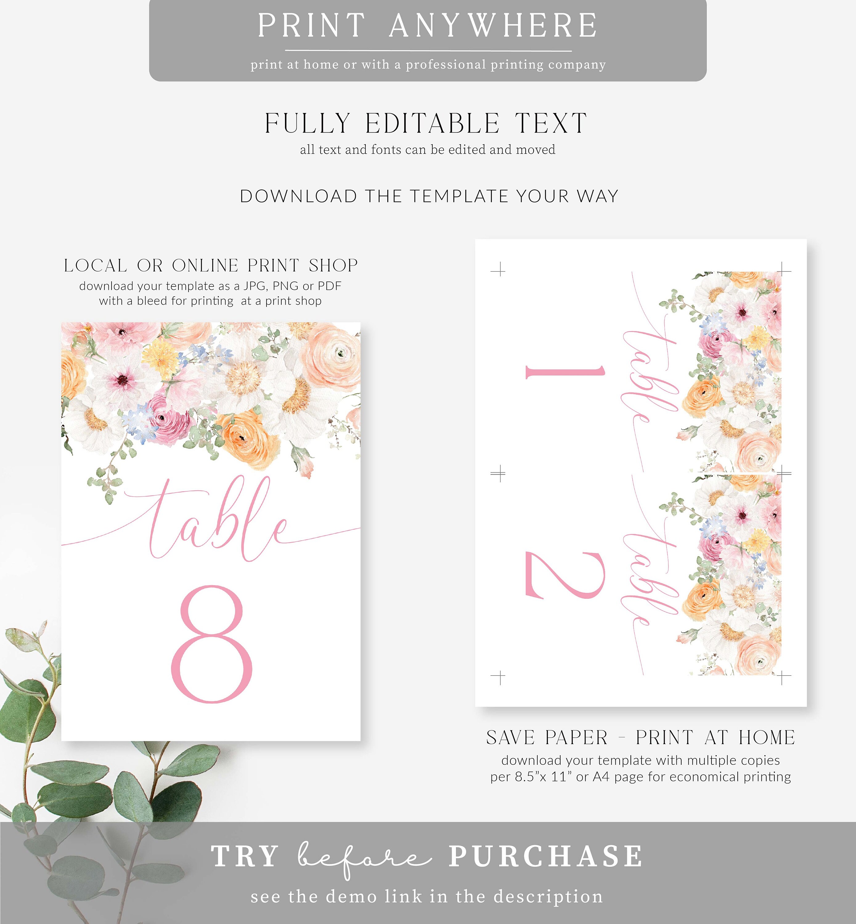 Printable Table Numbers Template, Spring Wildflower Bridal Shower Table ...