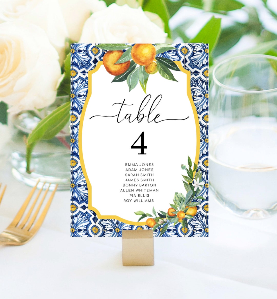 Table Numbers With Guest Names Template, Positano Blue Tile Orange ...