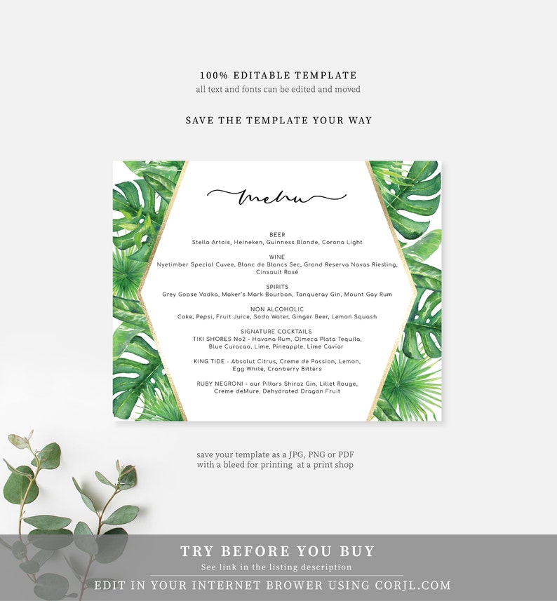 Editable Tropical Menu Sign Tropical Wedding Menu - Etsy