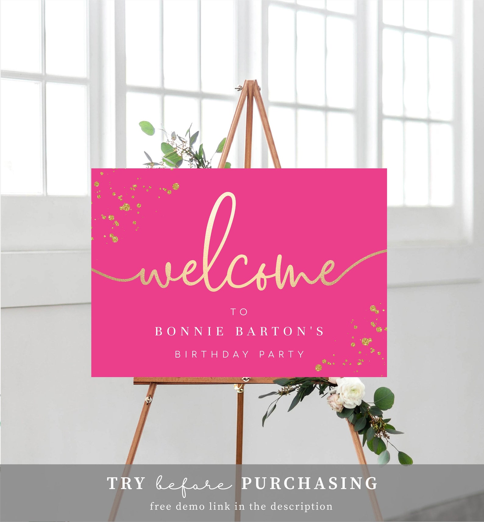 Editable Welcome Sign Hot Pink Gold Printable Girls Birthday - Etsy