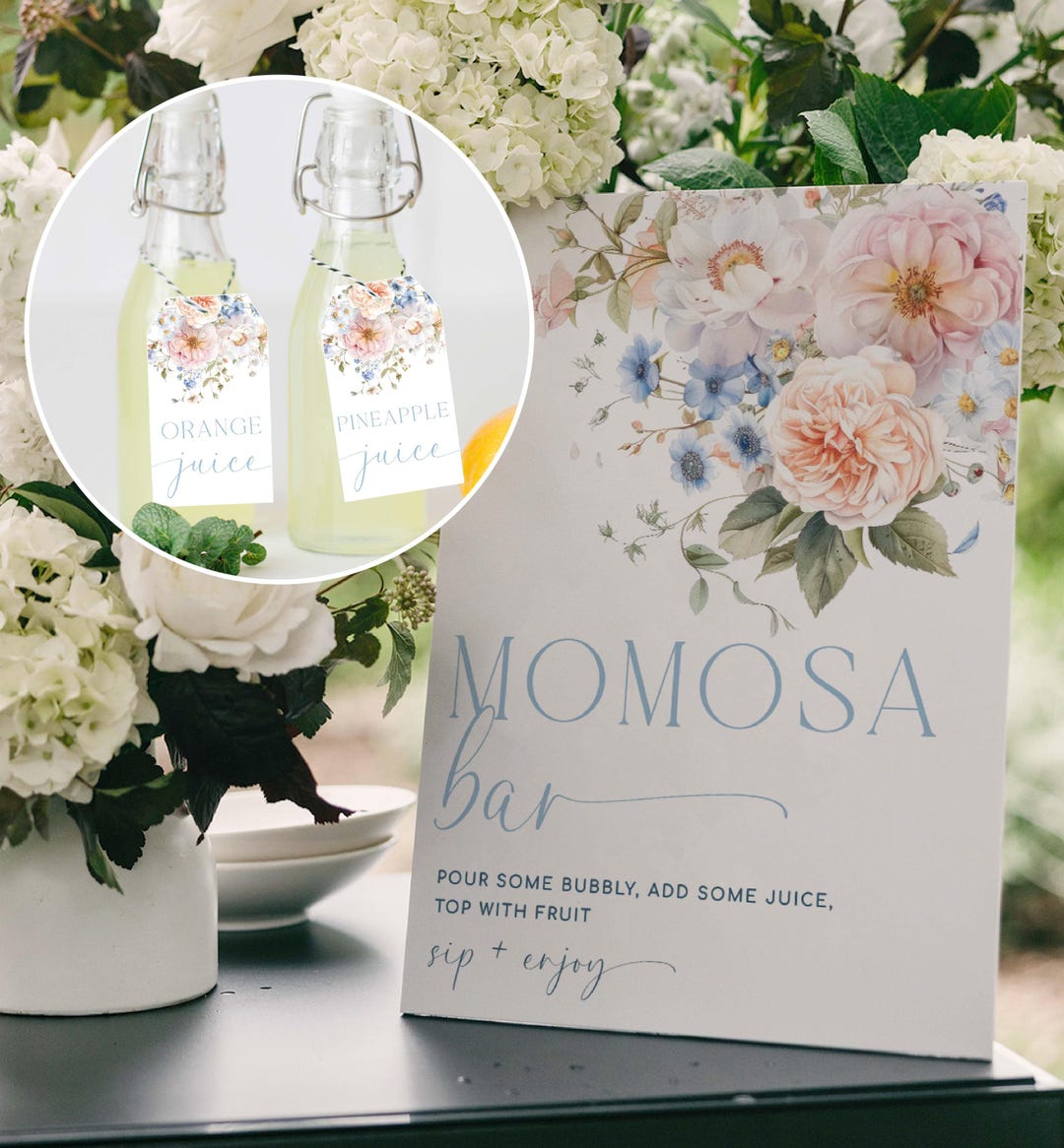 Printable Momosa Bar Sign and Juice Tags, Blue Floral Baby Shower ...