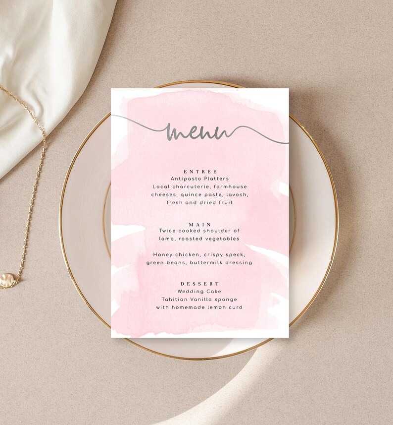 Pink Watercolor Wedding Menu Template With Faux Silver Foil (editable ...