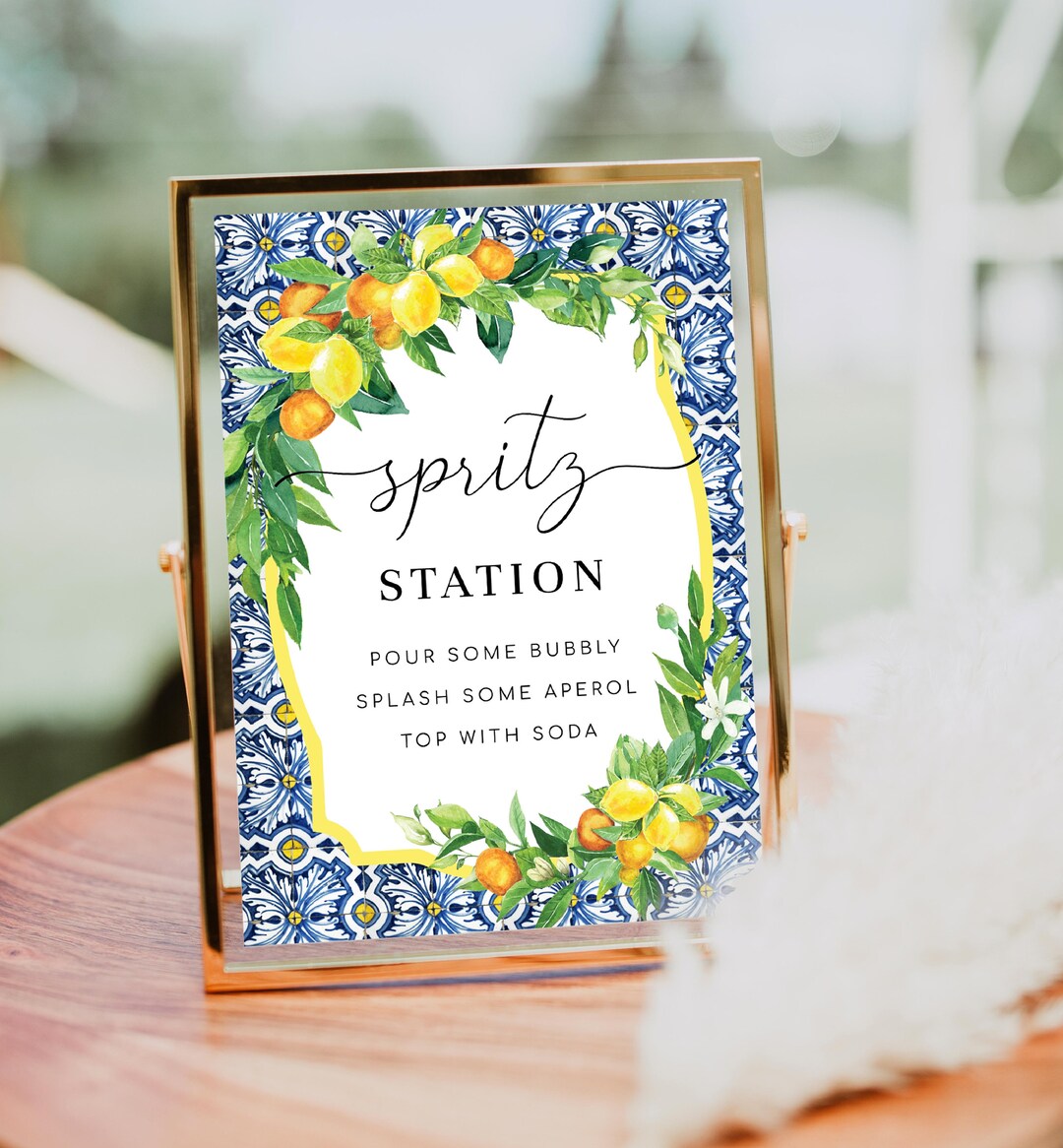 Spritz Station Sign, Positano Blue Tile Oranges Lemons Alcohol Spritz ...