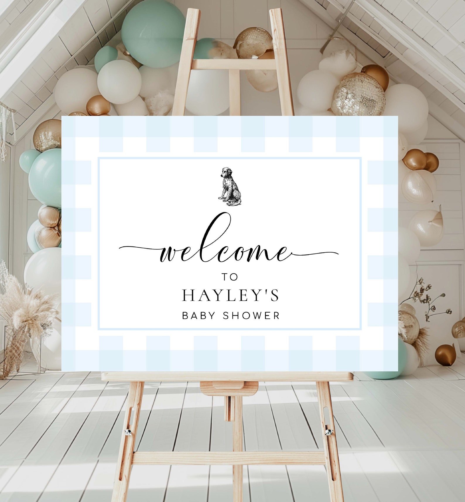 Blue Gingham Welcome Sign, Puppy Dog, Boy Baby Shower Pale Blue Check ...
