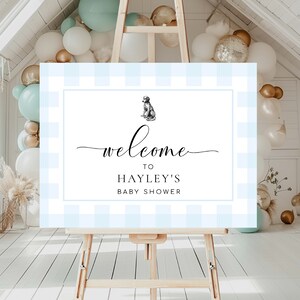 Blue Gingham Welcome Sign, Puppy Dog, Boy Baby Shower Pale Blue Check ...