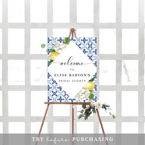 Welcome Sign Template, Mediterranean Blue Tile Lemons, Printable ...