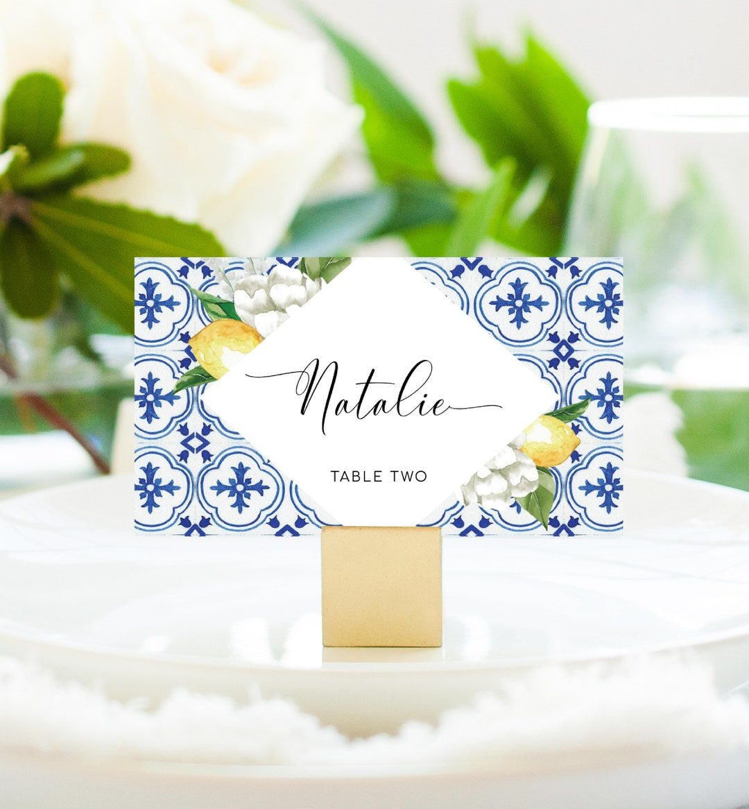 Mediterranean Blue Tile Lemon Place Cards - Wedding Escort Cards ...