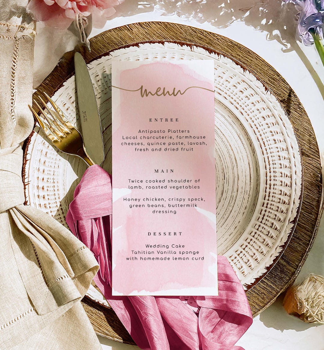 Pink Watercolor Menu Template: Gold Details (digital Download) - Etsy