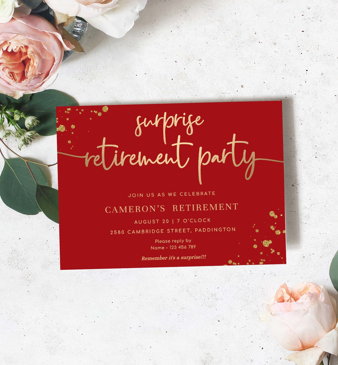 Editable Surprise Retirement Party Invitation, Printable Red Gold ...
