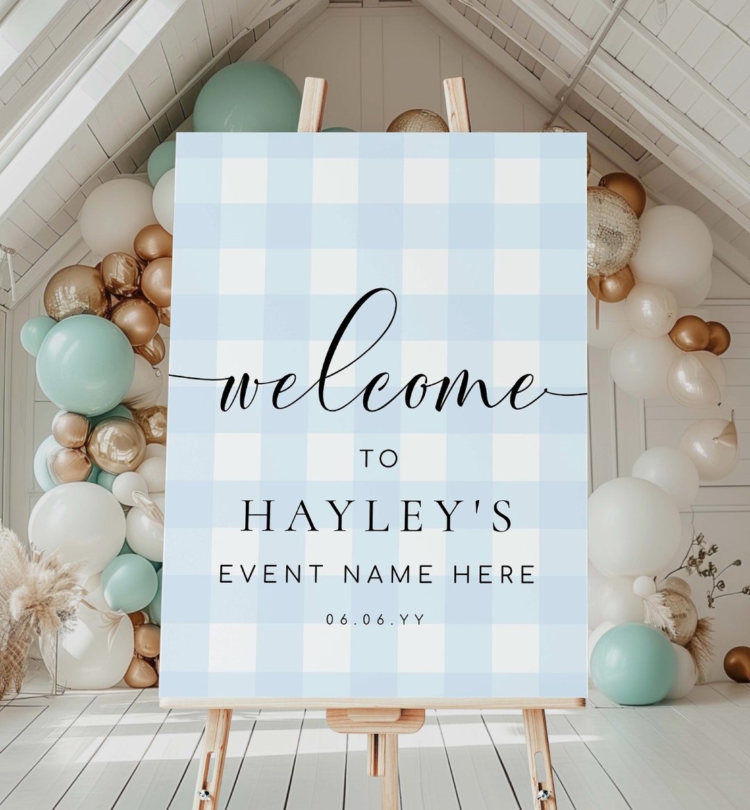 Blue Gingham Welcome Sign, Boy Baby Shower Pale Blue Check Welcome Sign ...