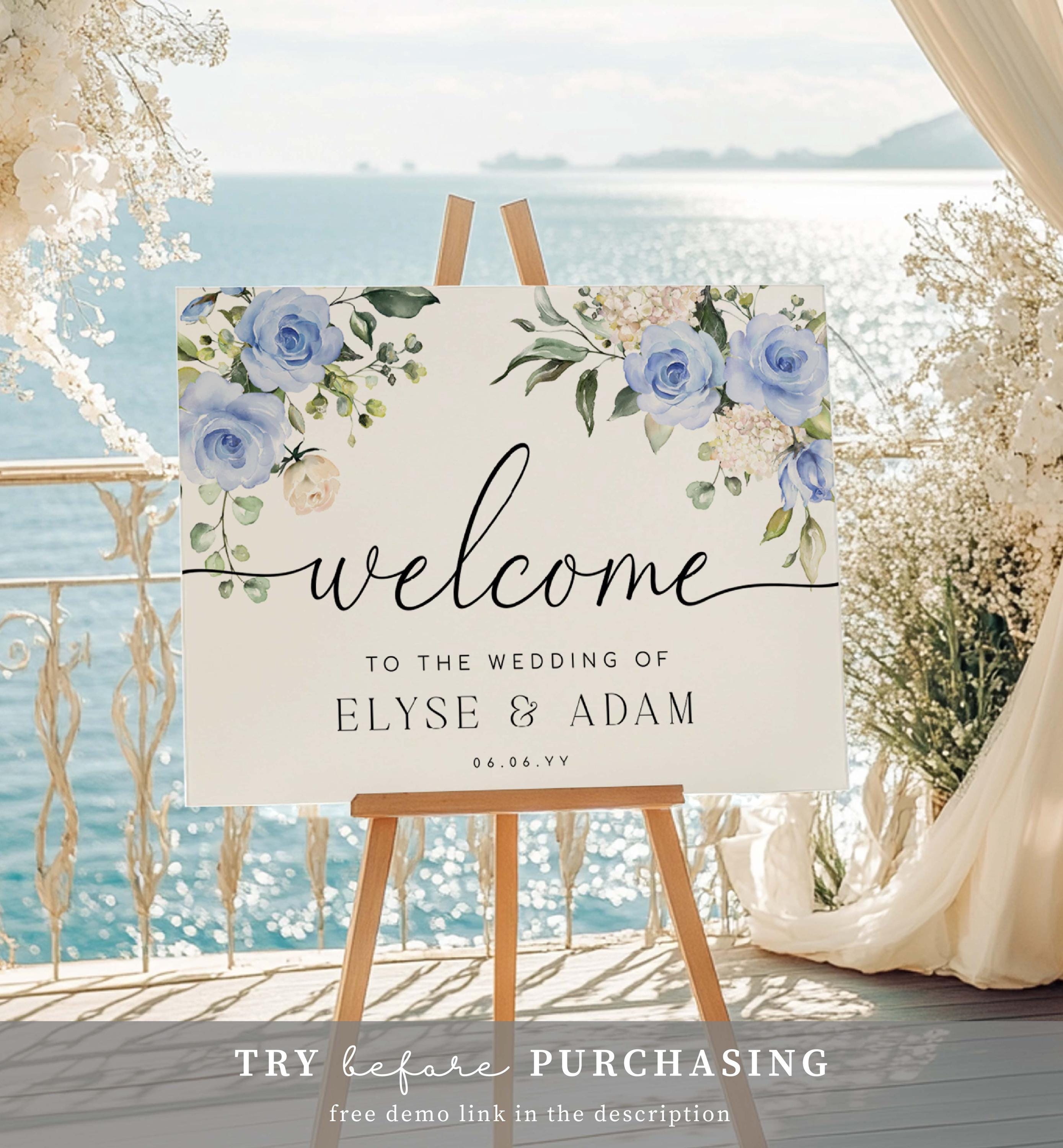Blue Floral Welcome Sign Landscape Template, Greenery Printable Wedding ...
