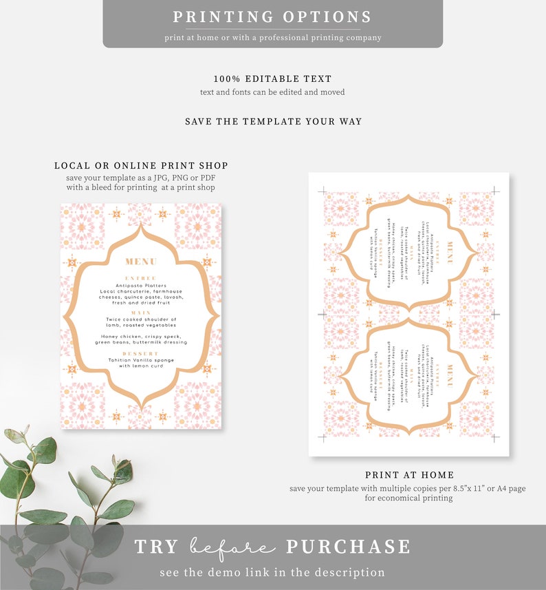 Editable Menu Template Moroccan Tile Desert Dinner Menu - Etsy