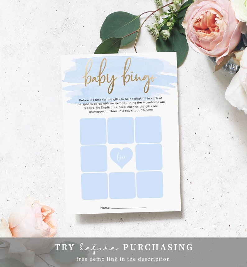 Blue Watercolour Baby Shower Bingo Game Instant Download | Etsy