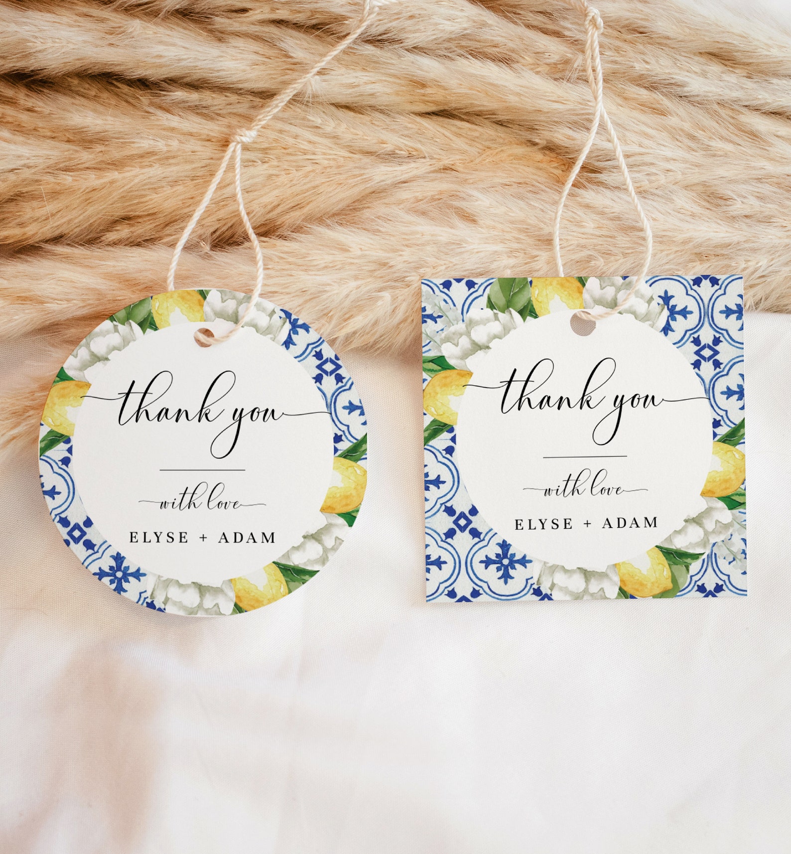Printable Thank You Favor Tag, Mediterranean Blue Tile Lemons, Wedding ...